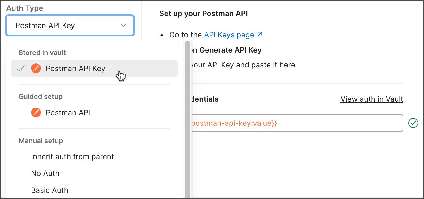Create and manage vault secrets using Guided Auth | Postman Learning Center
