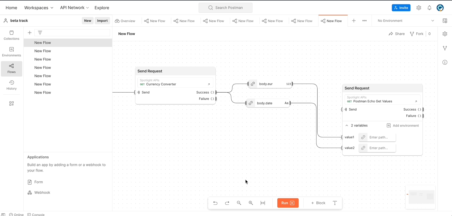 Send data between blocks in a Postman Flow | Postman Learning Center